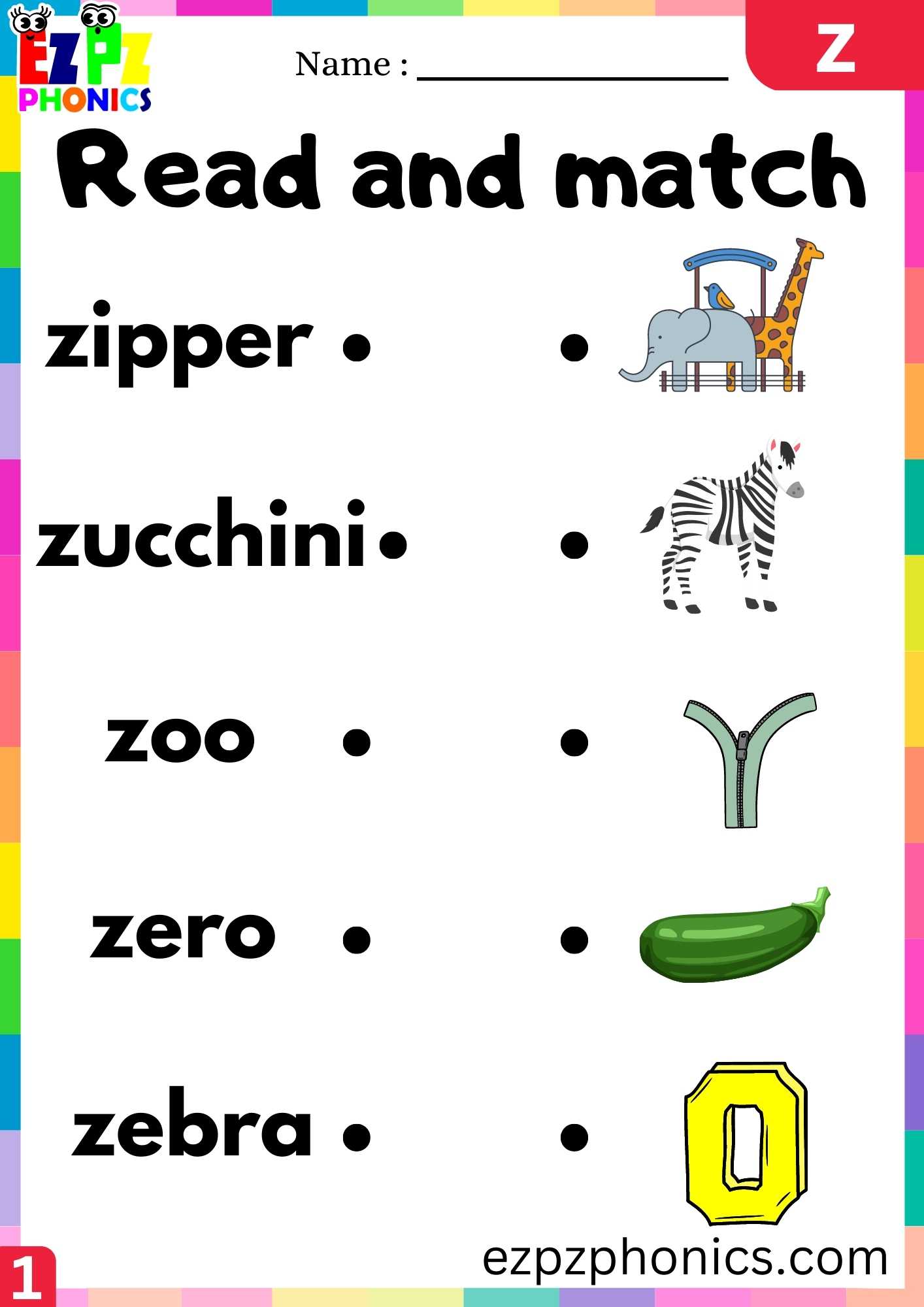 Letter Z Read And Match Beginning Sounds Worksheet - ezpzphonics.com
